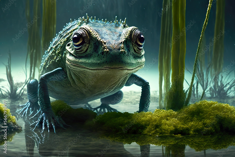 In an ancient alien world, different animal species live in the swamp ...