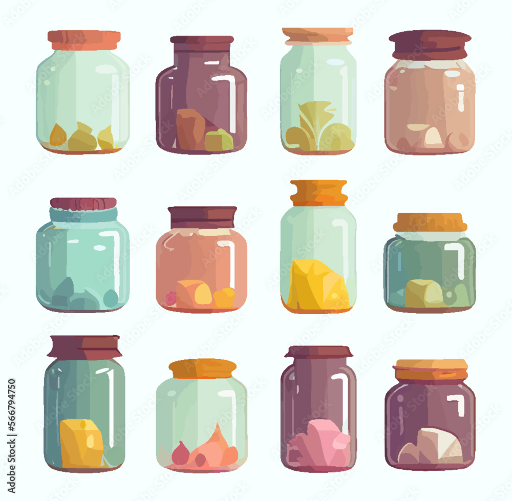 Colorful cartoon Set of glass jar in flat style. Jars of various shapes ...
