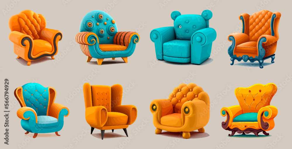 Armchairs home interior set isolated on white background in cartoon ...