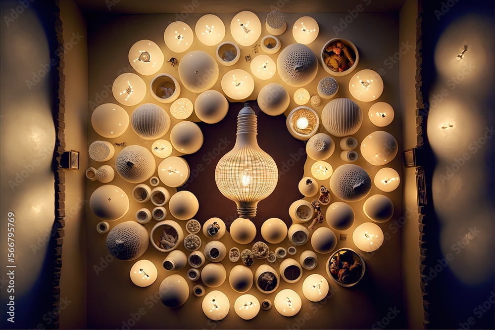 a light bulb surrounded by many different types of lights in a room ...