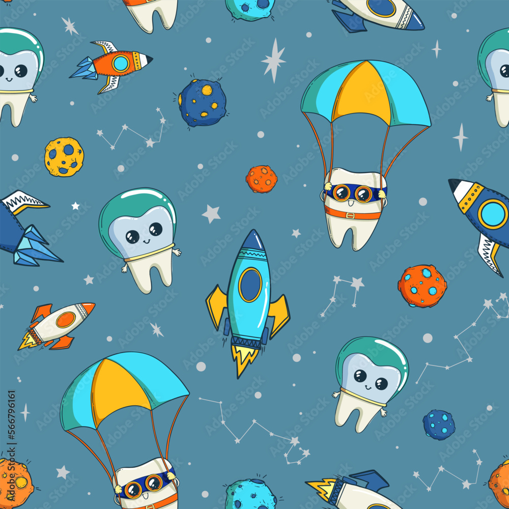 Abstract seamless teeth pattern. Cartoon character of cosmonaut in ...
