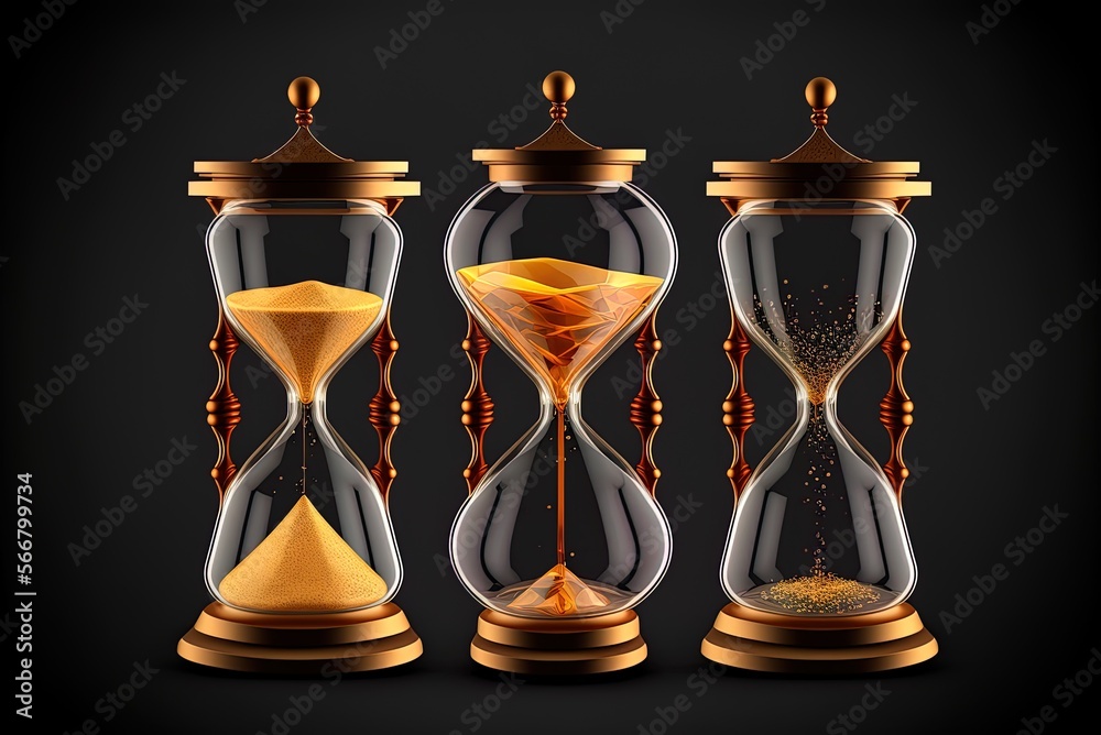 Glass stopwatch with hourglass and sand falling down the hourglass for ...
