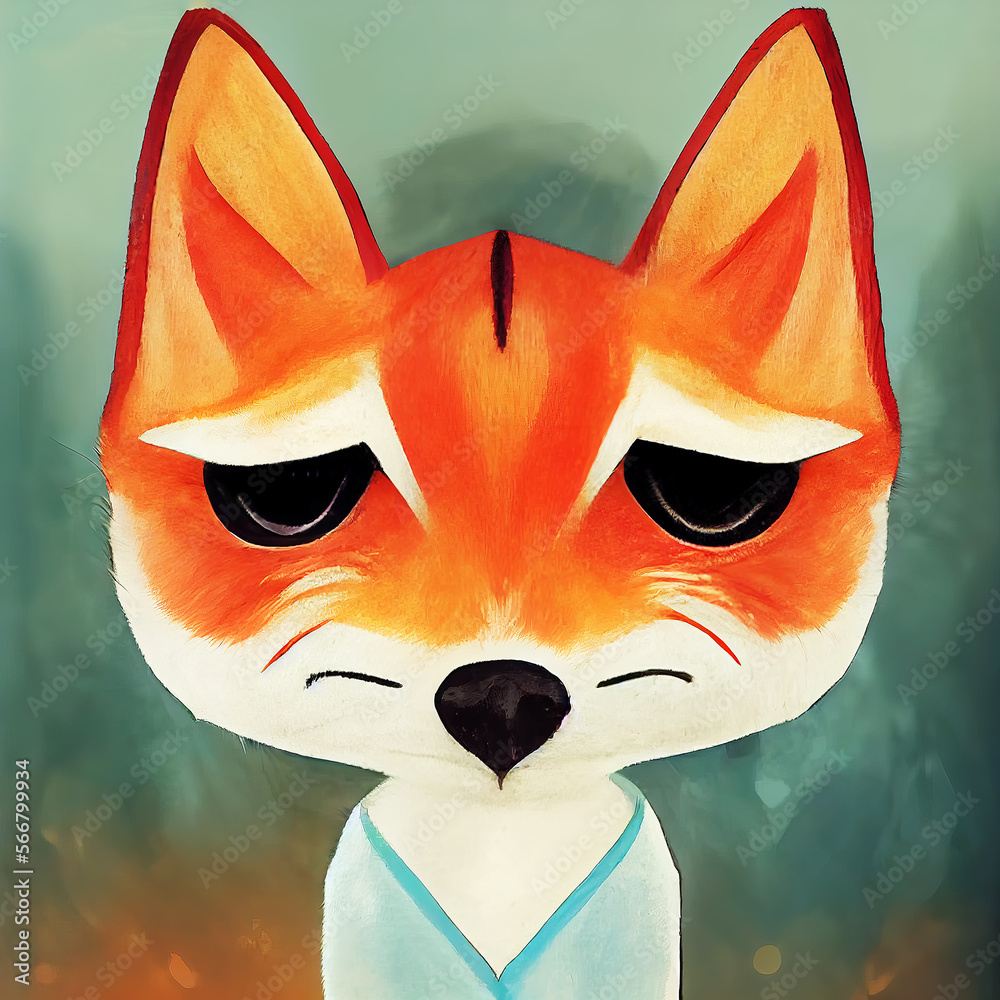 Sad red fox portrait. Cute cartoon character. Red fox head illustration ...