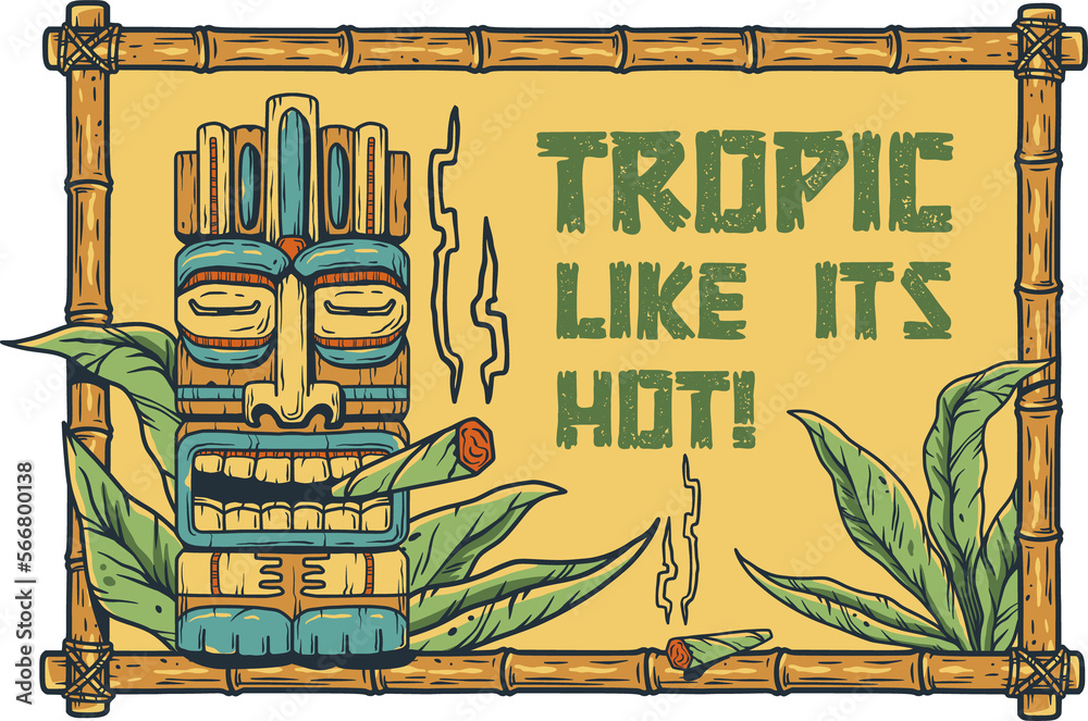 Tiki bar with tiki mask, tropical frame and leaves. Exotic background ...