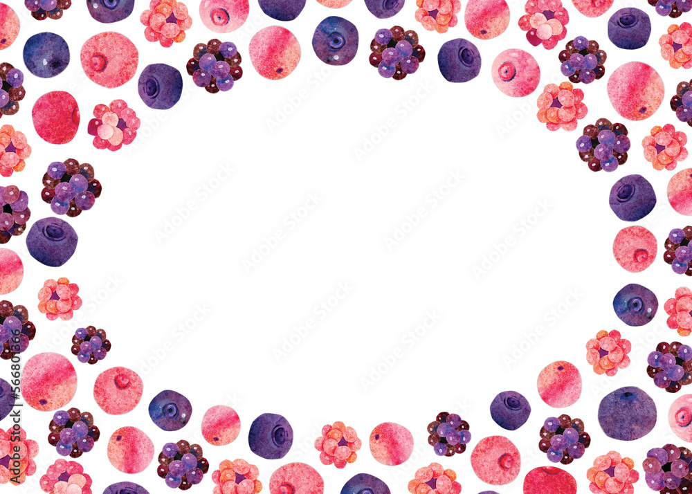 Watercolor raspberry cranberry blueberry blackberry frame border. A4 A5 ...