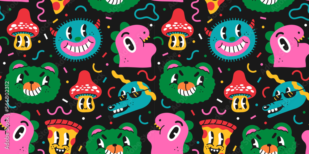 Trendy trippy retro cartoon character seamless pattern. Funny vintage ...