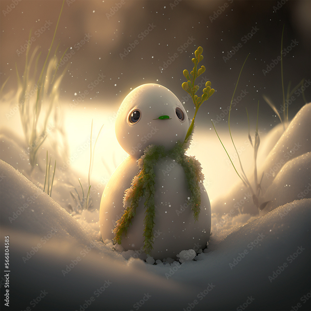 little sad snowman in spring looking how he is melting and green plants ...
