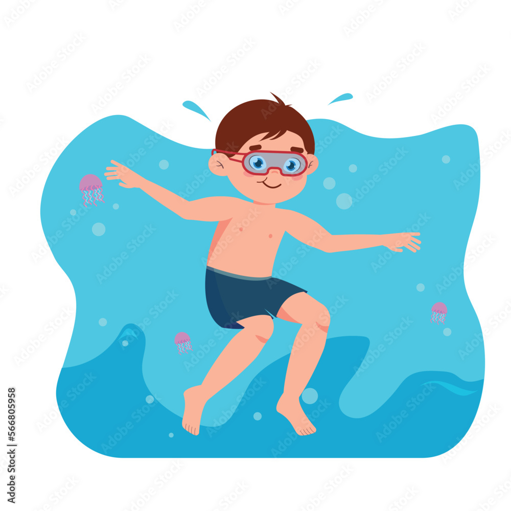 Vector illustration of a boy swimming underwater. Cartoon scene of a ...