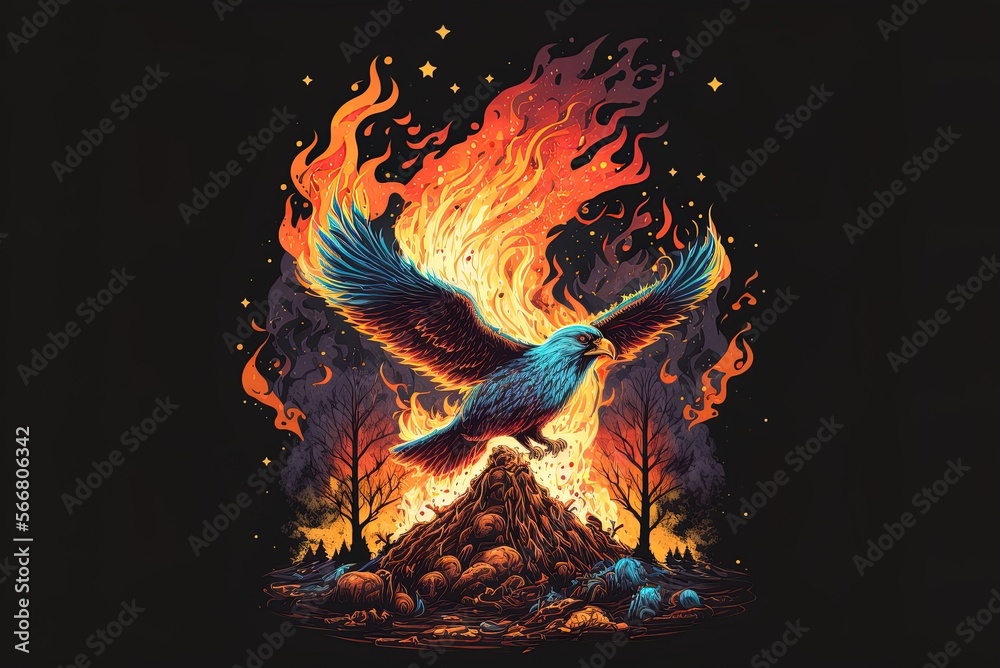 fire-breathing phoenix bird next to a campfire cartoon Generative AI ...