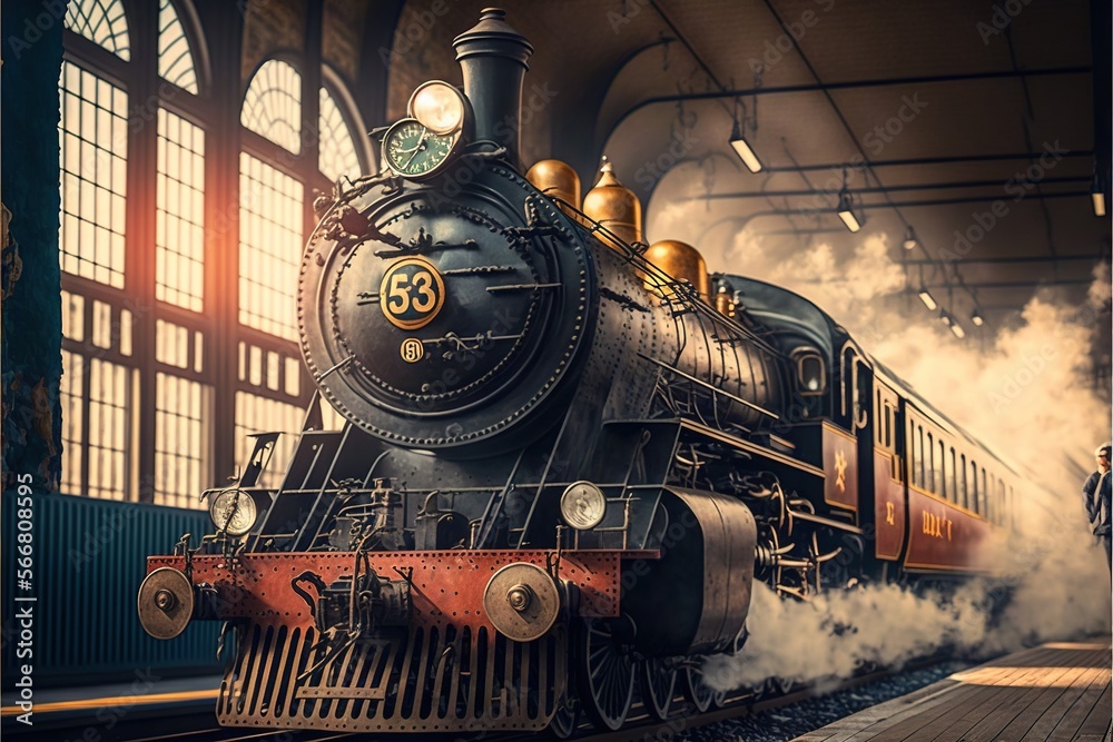 a steam engine train traveling through a train station next to a tall ...