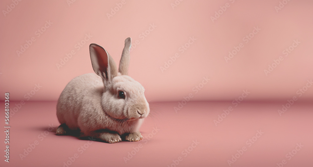 Cute little rabbit sitting on uniform pink floor background. Generative ...