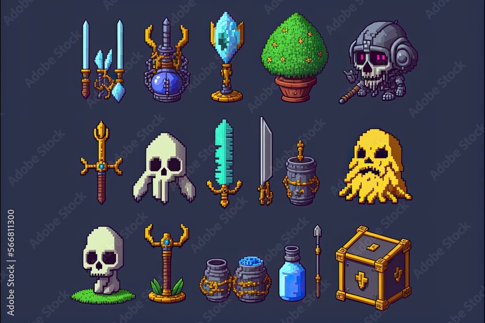 Illustration of indie game assets - 8 bit /16 bit pixel art - Created ...