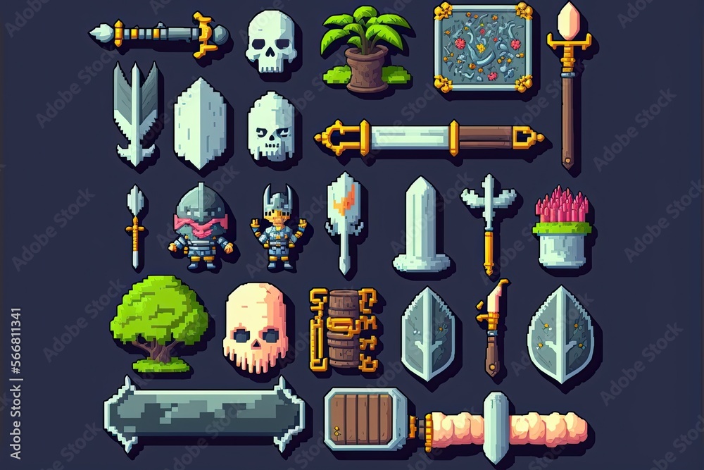 Illustration of indie game assets - 8 bit /16 bit pixel art - Created ...
