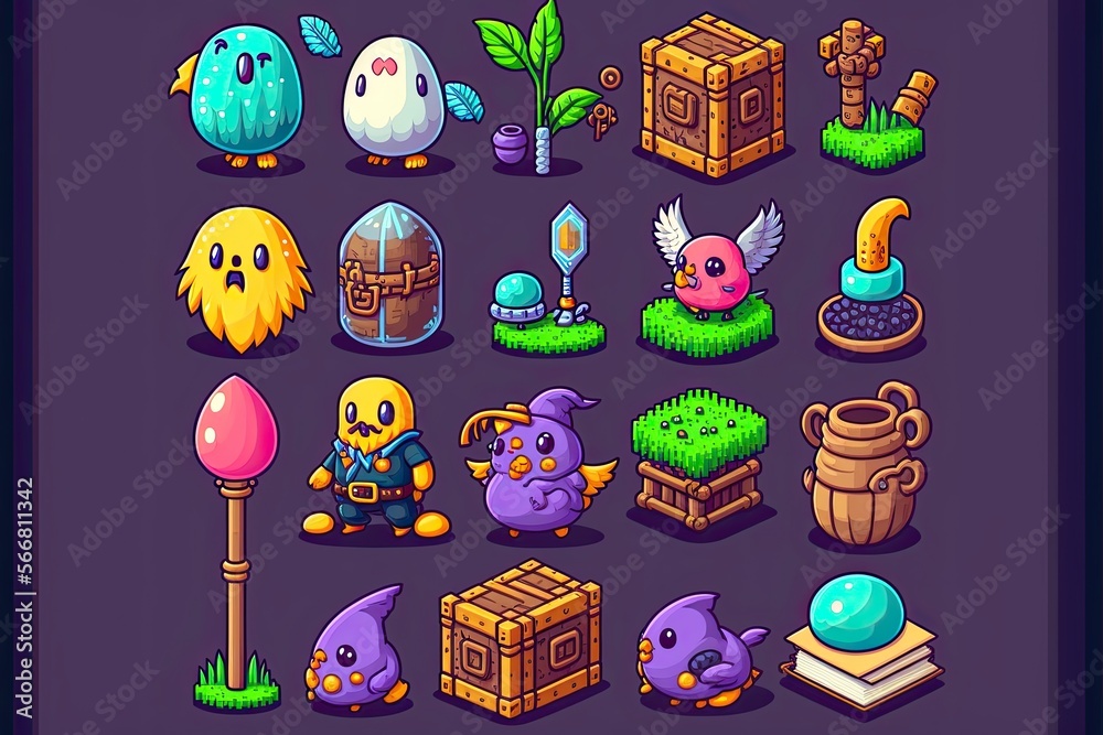 Illustration of indie game assets - 8 bit /16 bit pixel art lookalike ...