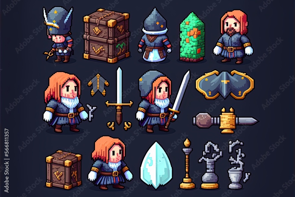 Illustration of indie game assets - 8 bit /16 bit pixel art lookalike ...