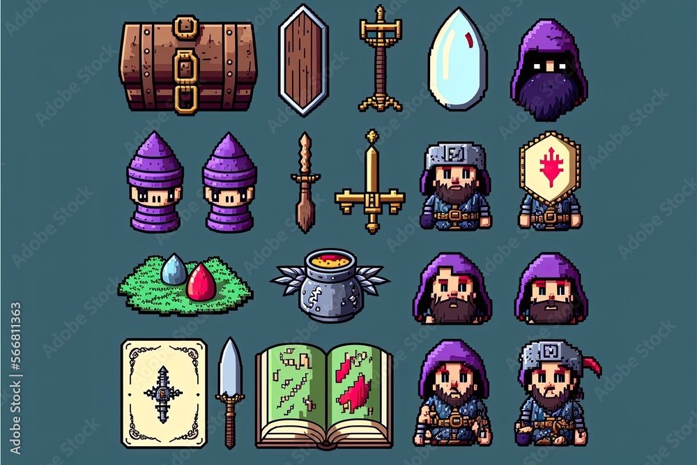 Illustration of indie game assets - 8 bit /16 bit pixel art - Created ...