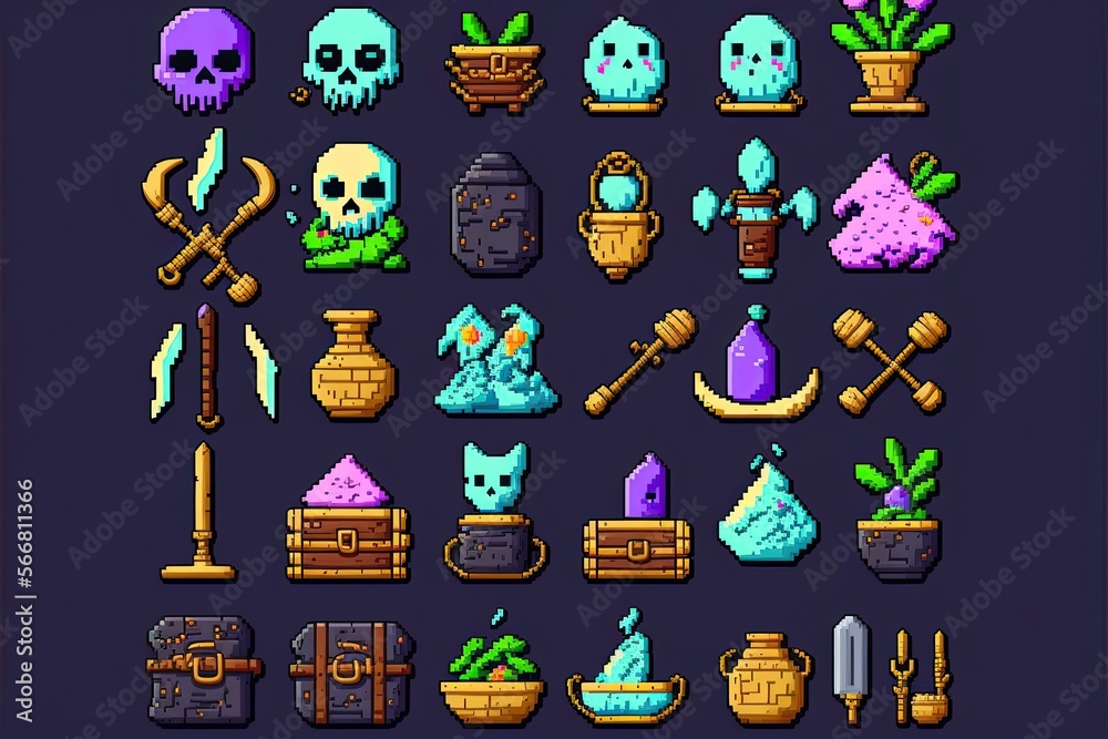 Illustration of indie game assets - 8 bit /16 bit pixel art - Created ...