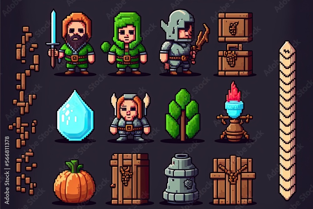 Illustration of indie game assets - 8 bit /16 bit pixel art - Created ...
