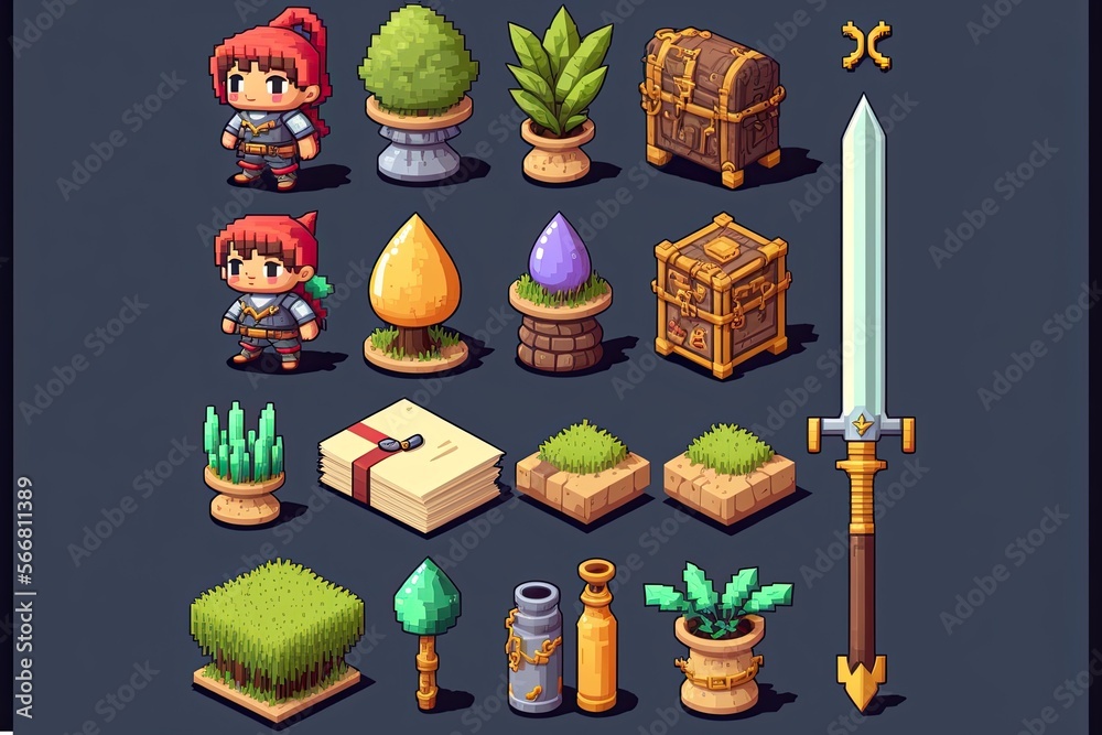Illustration of indie game assets - 8 bit /16 bit pixel art - Created ...