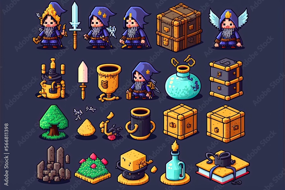 Illustration of indie game assets - 8 bit /16 bit pixel art - Created ...