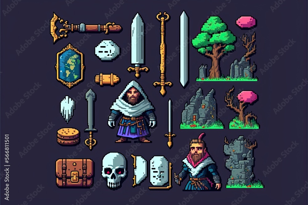 Illustration of indie game assets - 8 bit /16 bit pixel art lookalike ...