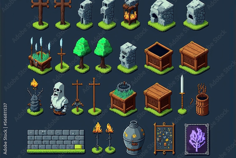 Illustration of indie game assets - 8 bit /16 bit pixel art lookalike ...