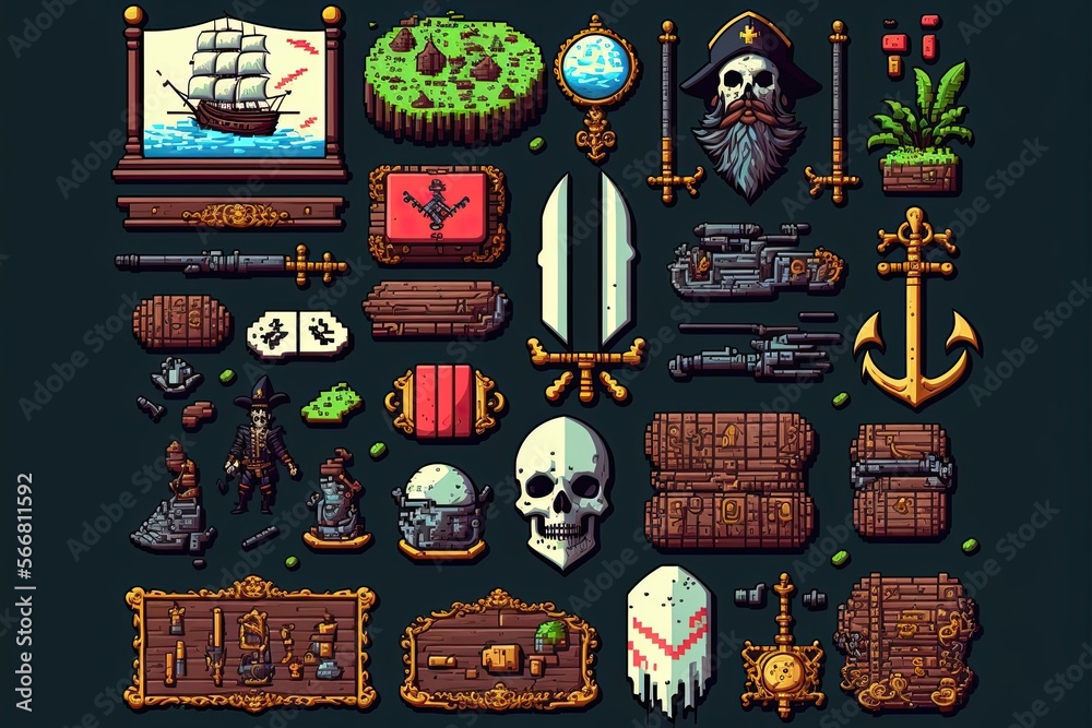 Illustration of indie game assets - 8 bit /16 bit pixel art lookalike ...