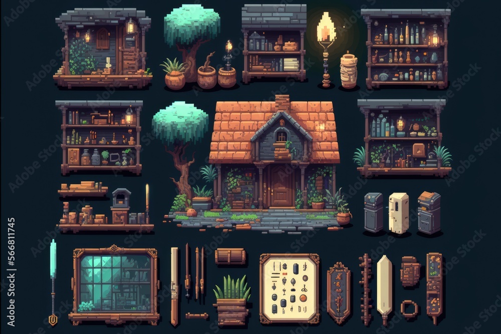 Illustration of indie game assets - 8 bit /16 bit pixel art lookalike ...