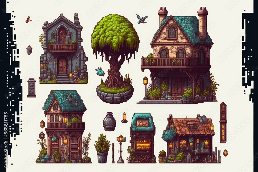Illustration of indie game assets - 8 bit /16 bit pixel art lookalike ...