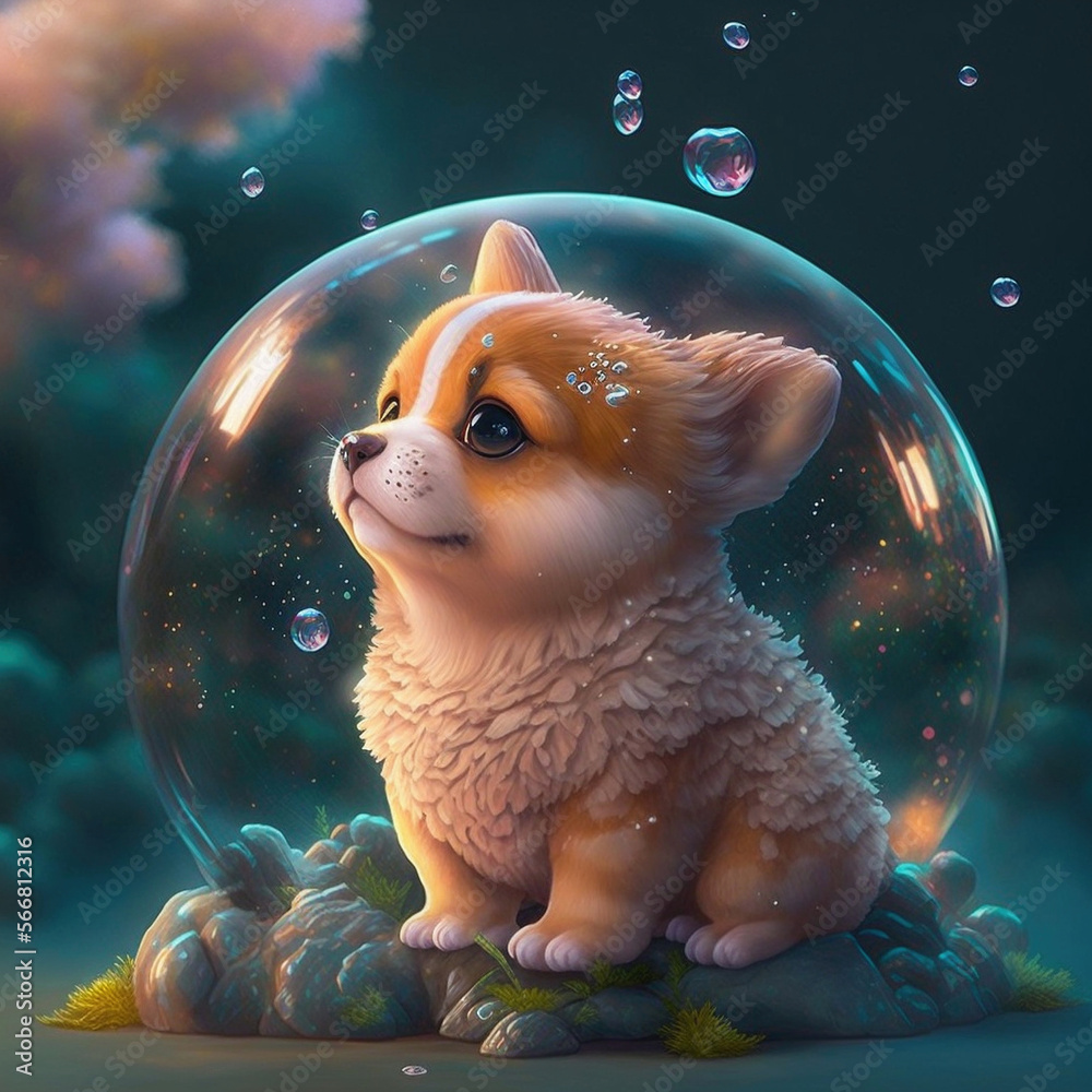 Fluffy heart melting cute animated dog puppy baby in a soap bubble ...