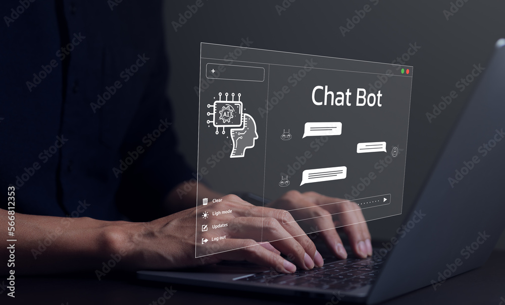 Chat Bot Chat with AI or Artificial Intelligence technology. Man using ...