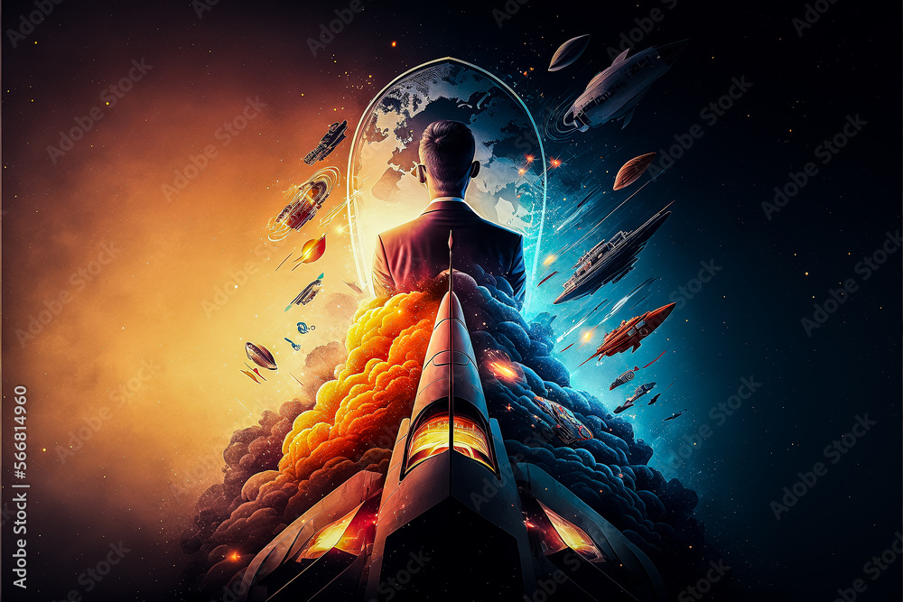 Fusée en train de décoller, avec homme, concept de la réussite, du ...