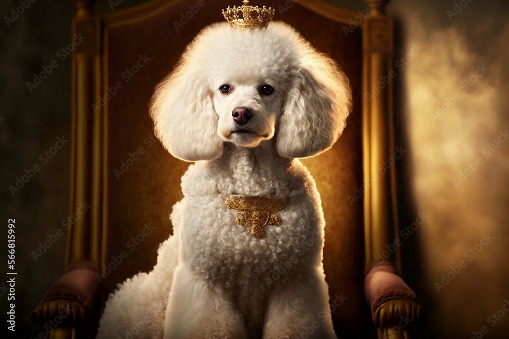 Cute puddle dog queen wearing gold crown sitting on the wooden throne ...
