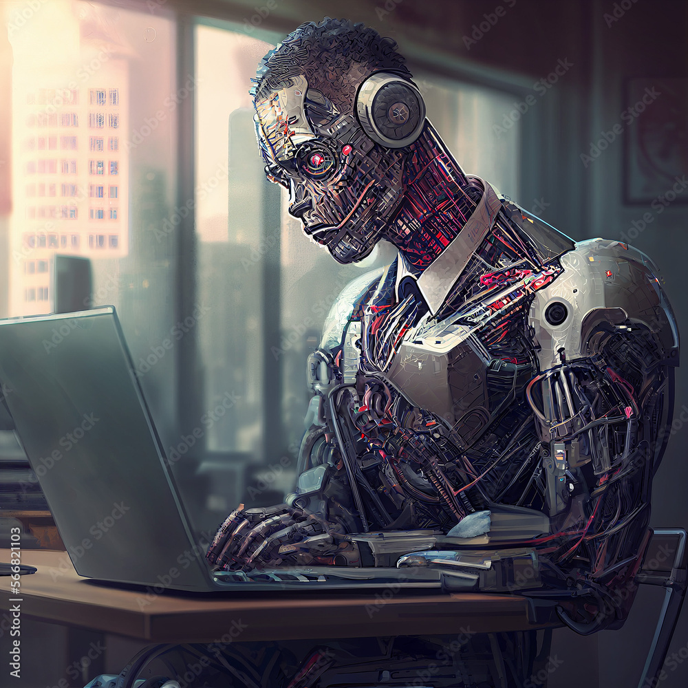 AI generated cyberpunk concept, robot sitting in front of a laptop ...