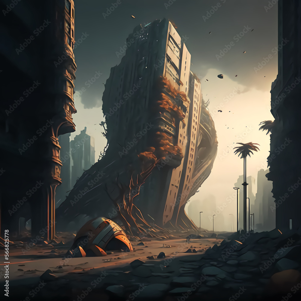 Generative AI drawing of a destroyed street, concept of destruction ...