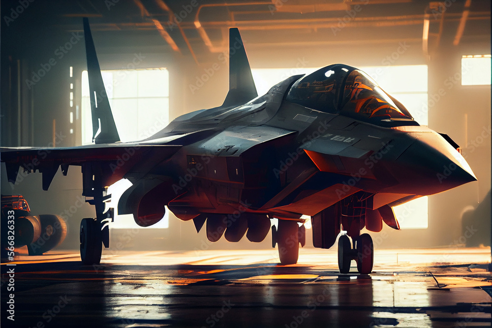 modern military fighter plane in hangar. Subtle multifunctional fighter ...