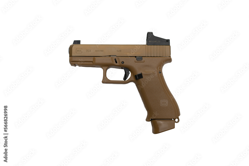 Baltic States, January, 2023. Glock 19x pistol with shield red dot ...