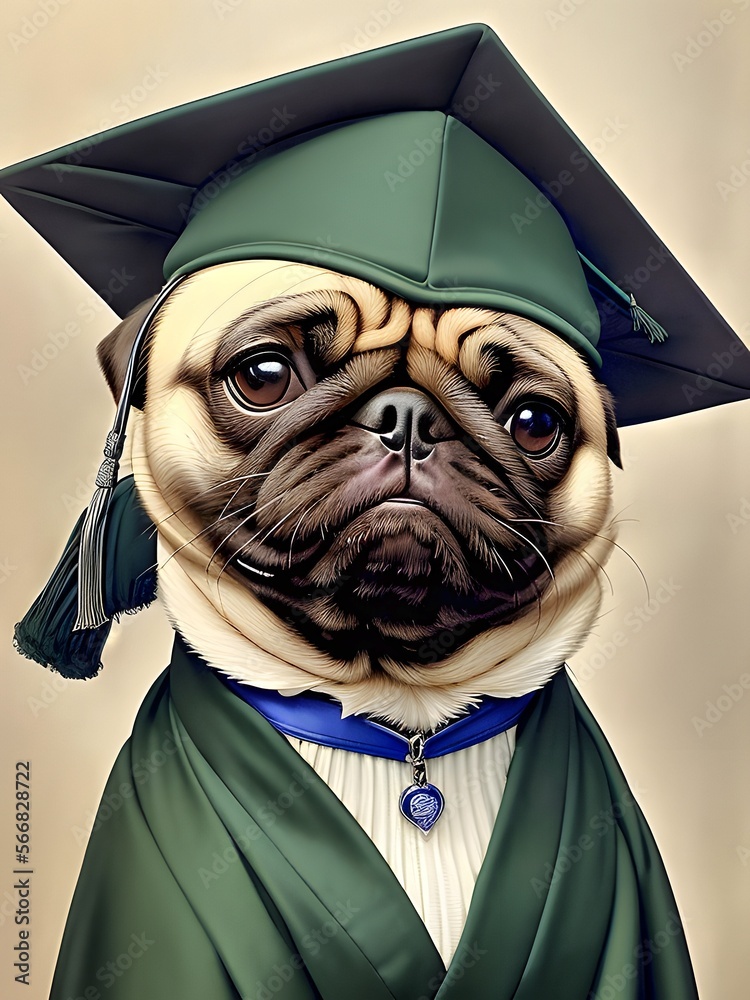 Retrato realista de un perro pug vestido con una toga y birrete de ...