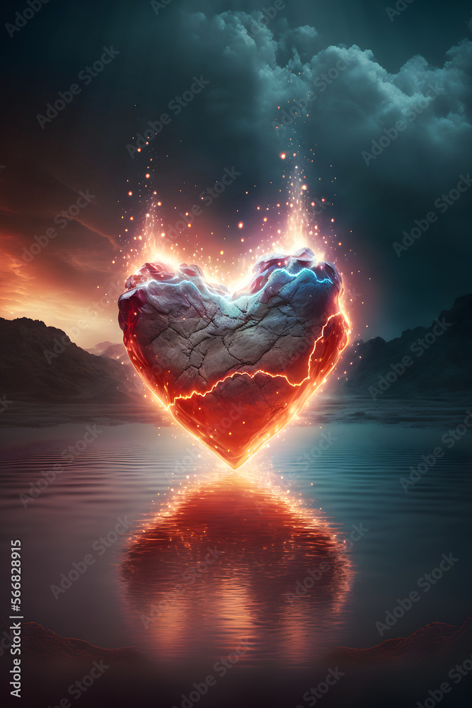heart in the sea. Burning red heart. Poster background. Genenative AI ...