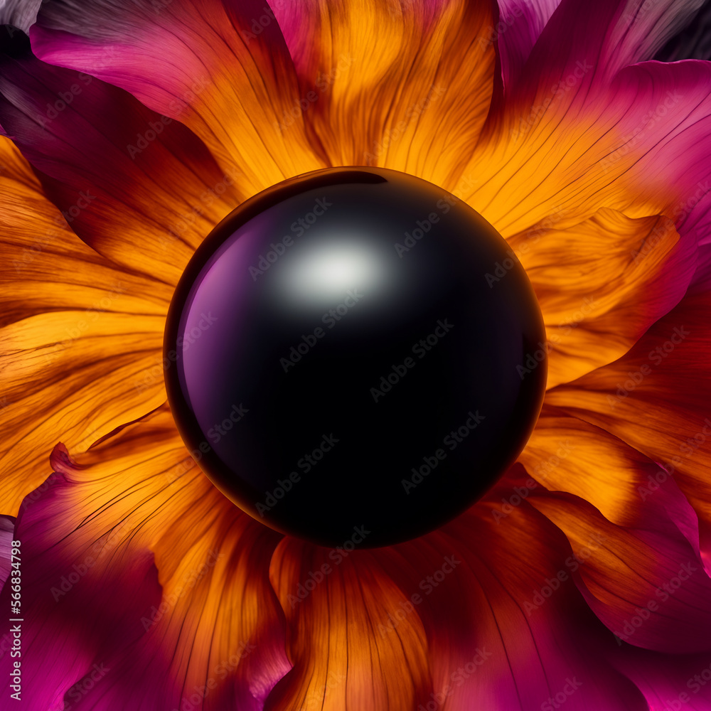A beautiful flower with delicate pedals and a black sphere-like orb at ...