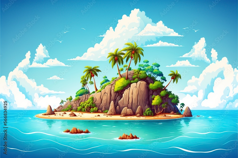 cartoon illustration, landscape of tropical island in the ocean ...