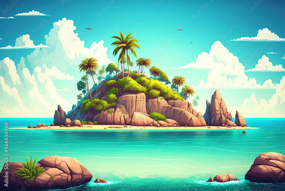 cartoon illustration, landscape of tropical island in the ocean ...