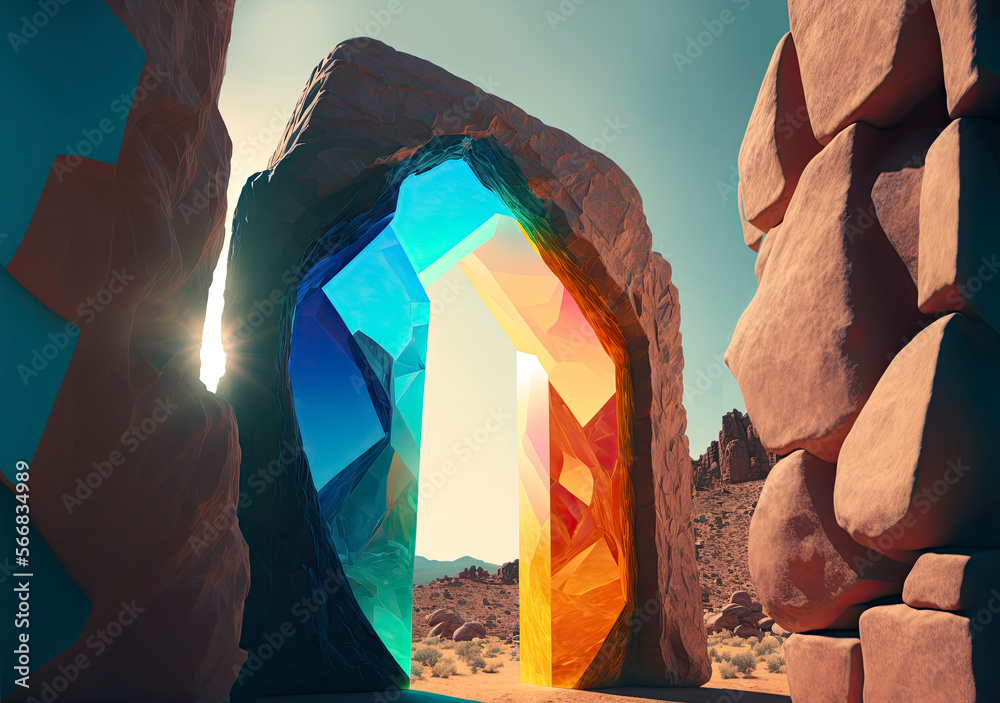 Canyon landscape with a colorful crystal gateway with bright sunlight ...