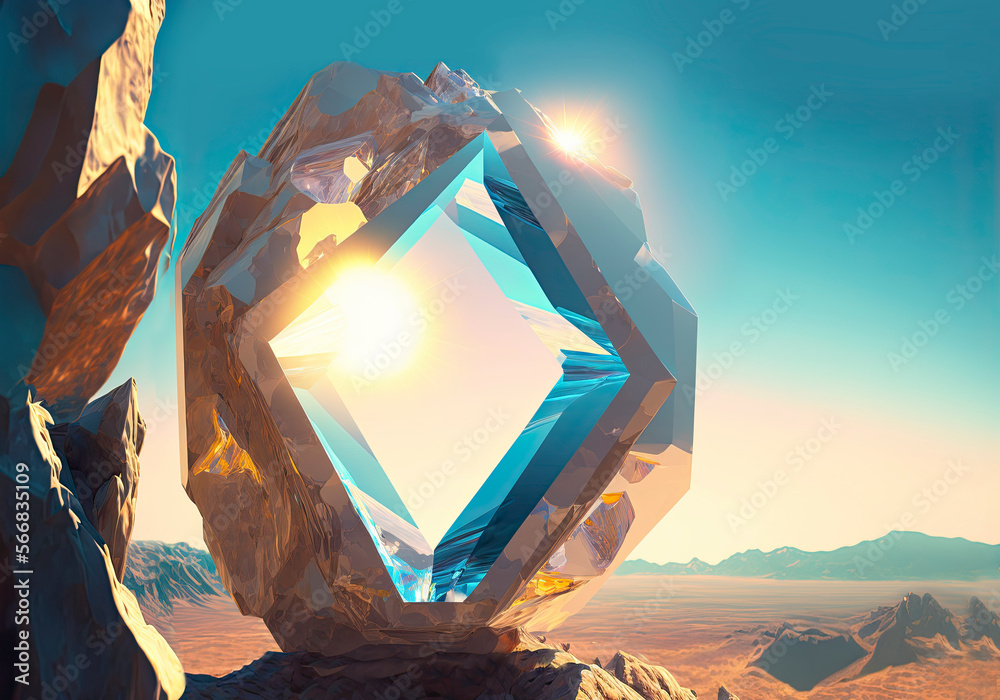 Canyon landscape with a colorful crystal gateway with bright sunlight ...
