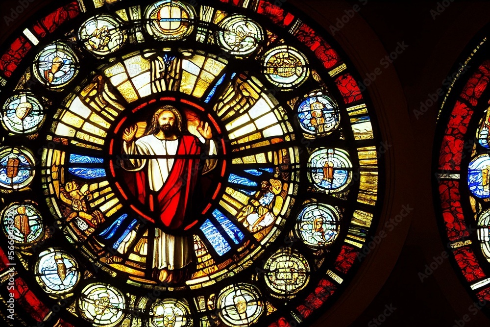 Sacred Heart of Jesus round stained glass window inside the Co ...
