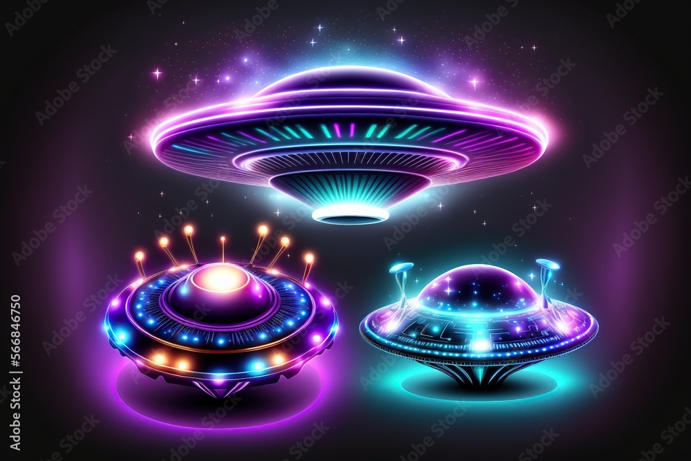 cartoon illustration, alien spaceship with blue and purple light ...