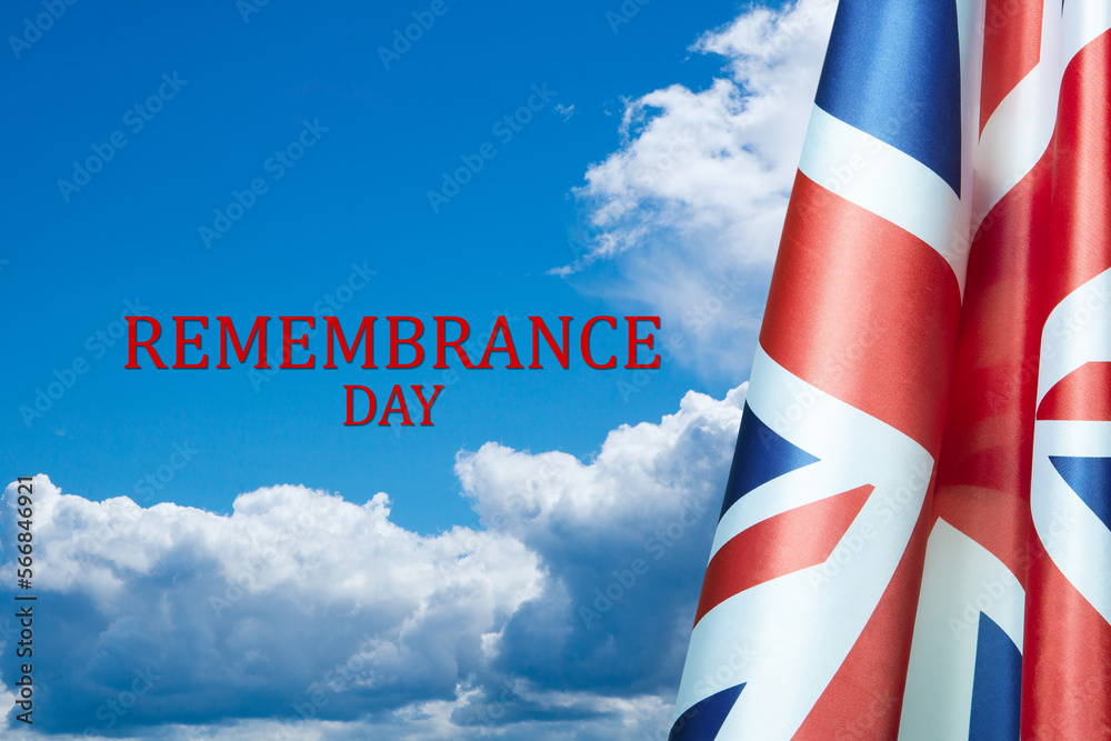 Flag of Great Britain with Text on background of blue sky. Holidays of ...