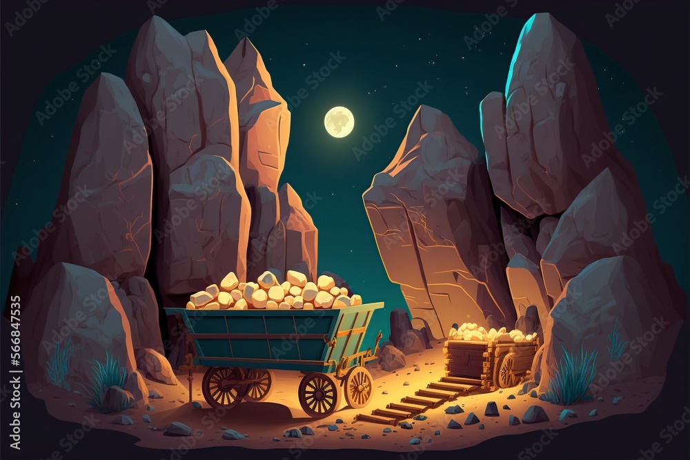 cartoon illustration, mine entrance with cart full of gold bars in the ...