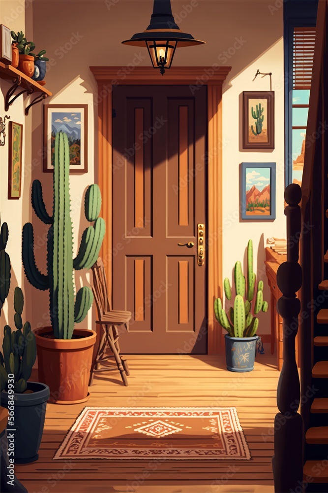 cartoon illustration, interior of the entrance of the house with stairs ...
