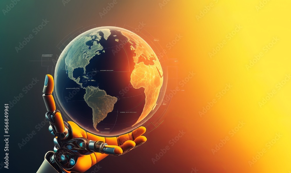 Robot Technology Controls The World. Robotic Hand Holding Planet Earth ...
